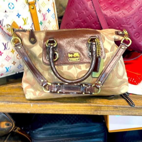 Bags | Coach Monogram And Brown Leather Way Shoulder | Poshmark